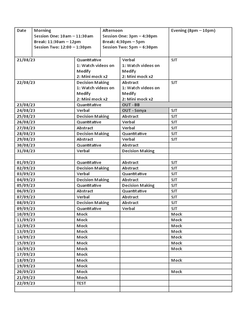 Hannah UCAT Timetable | PDF
