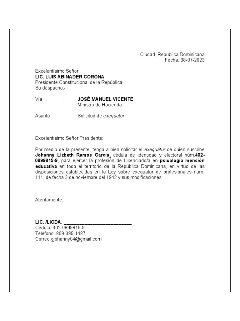Carta Modelo de Solicitud Exequatur 10-05-2021 | PDF