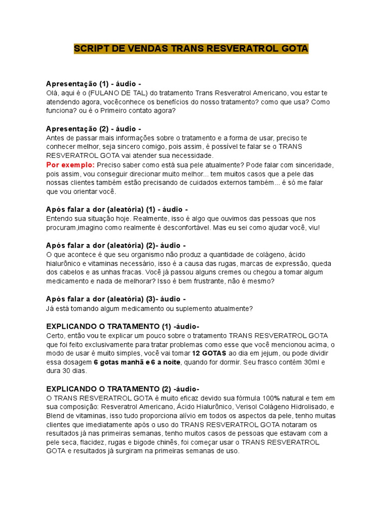 Script de Atendimento Trans Resveratrol Atualizado | PDF | Gota | Dor