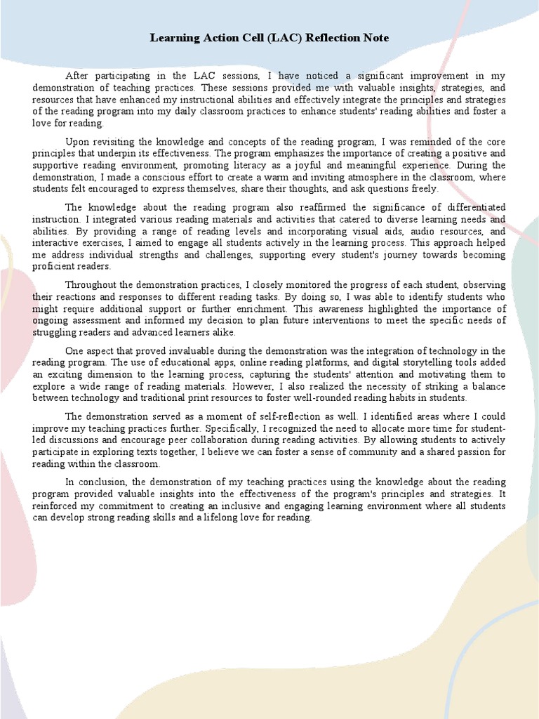 Reflection Note 1 Reading Program Objective 8 | PDF | Learning ...