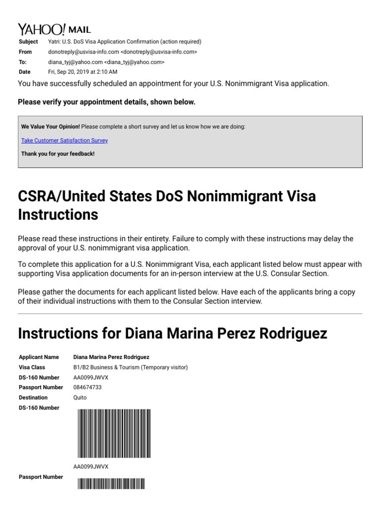 Yahoo Mail Document - Yatri - U.S. DoS Visa Application Confirmation (Action Required) | PDF ...