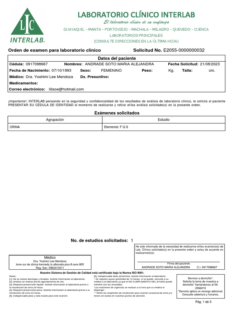 Orden de Exámenes de Laboratorio Chopo | PDF | Laboratorios | Metodología