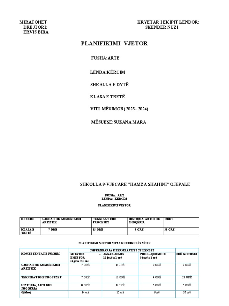 Plani Mesimor Kercim 3,2023-2024 | PDF