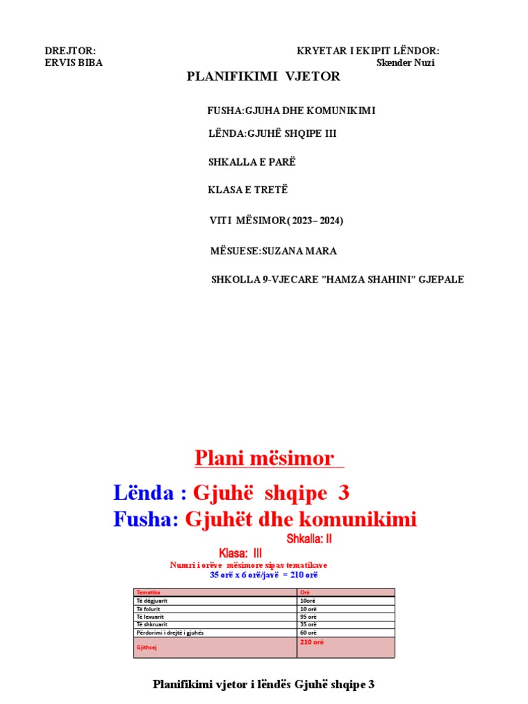Plani Mesimore Gjuhe Shqipe 3, 2023-2024 | PDF