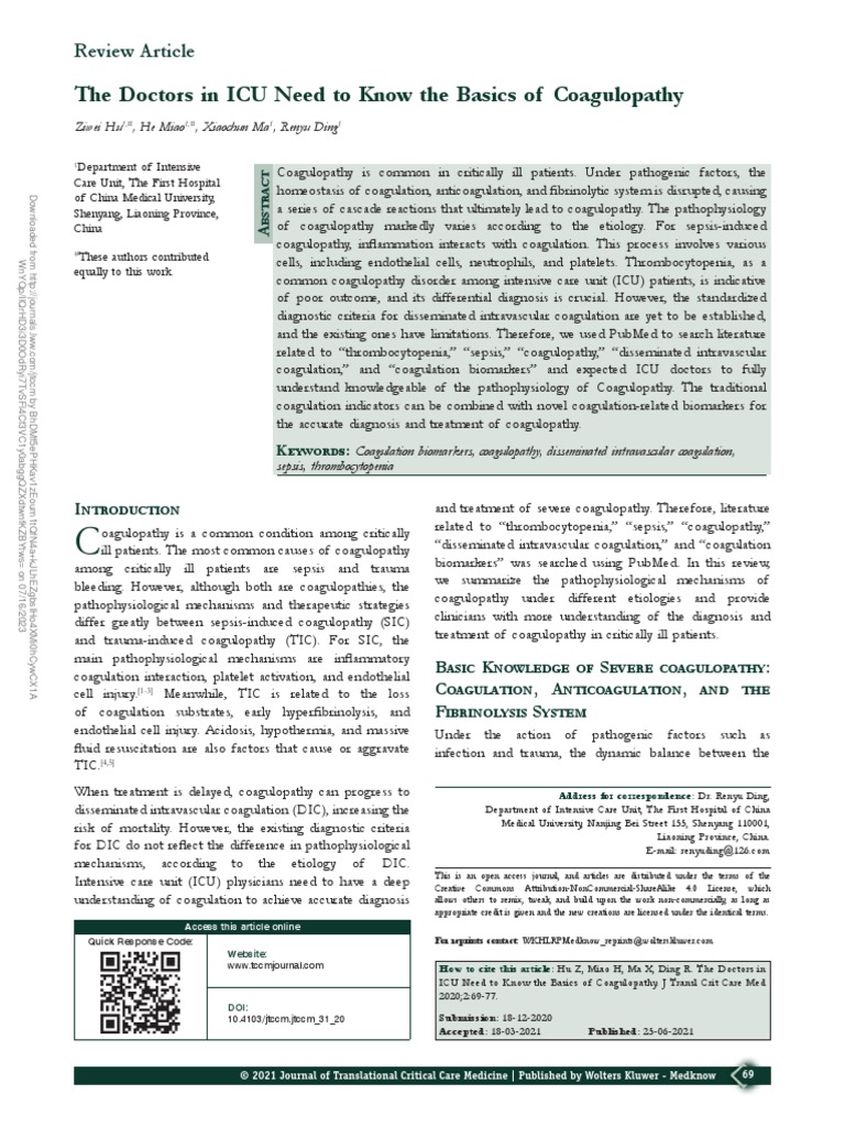 The Doctors in ICU Need To Know The Basics Of.2 | PDF | Coagulation ...