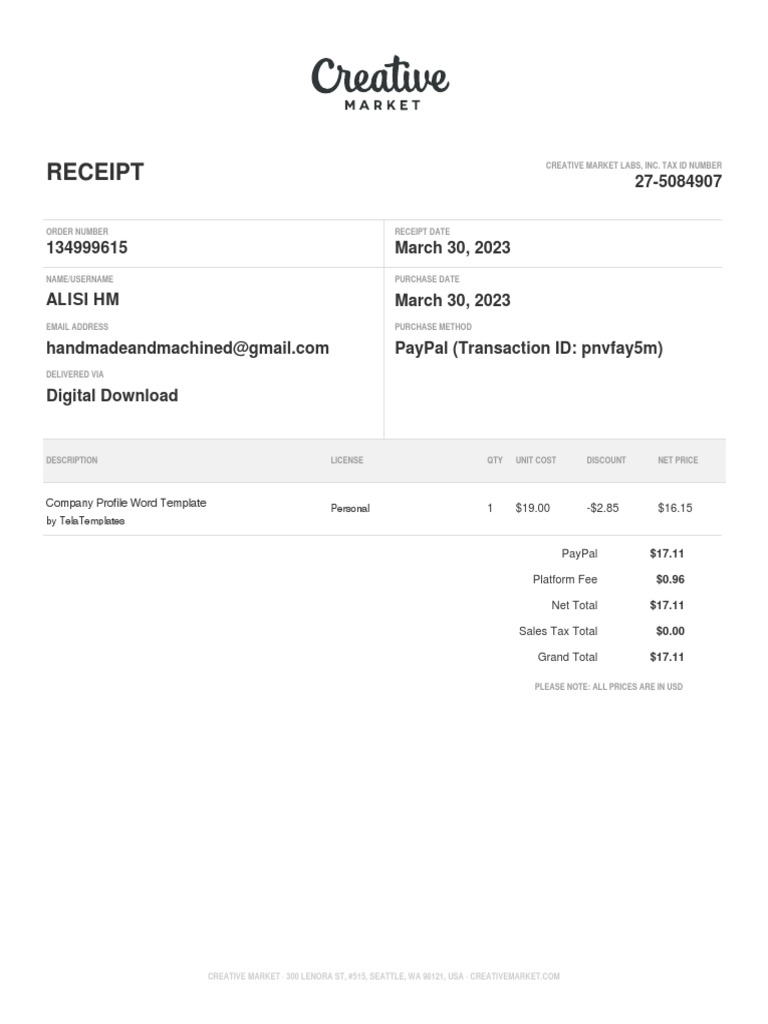Creative Market Receipt (#134999615) | PDF | Pay Pal | Payments