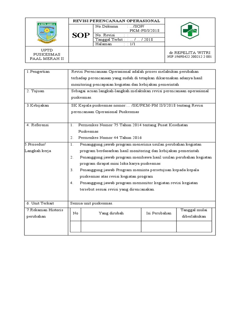1.1.5.4 SOP Revisi Perencanaan Operasional Puskesmas (Rev) | PDF