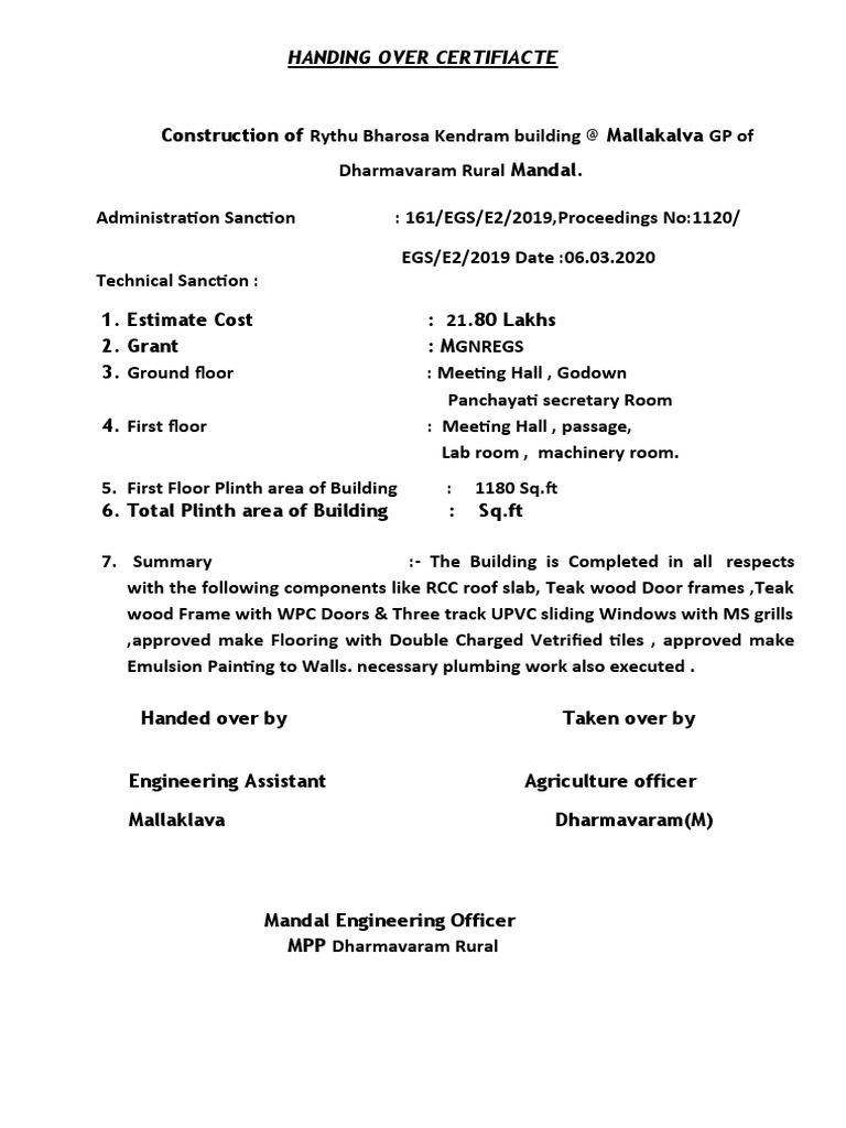 Handing Over Certificate of RBK Chigicherla GP of DMM Rural Mandal ...