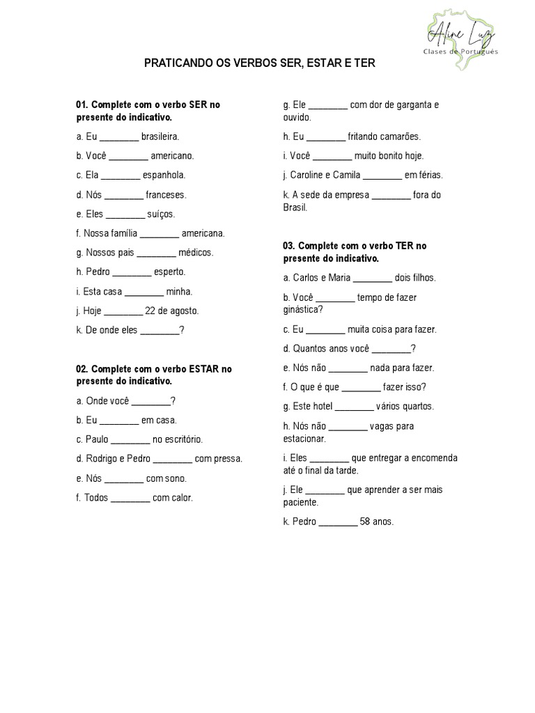 Atividade - Verbos SER ESTAR e TER | PDF