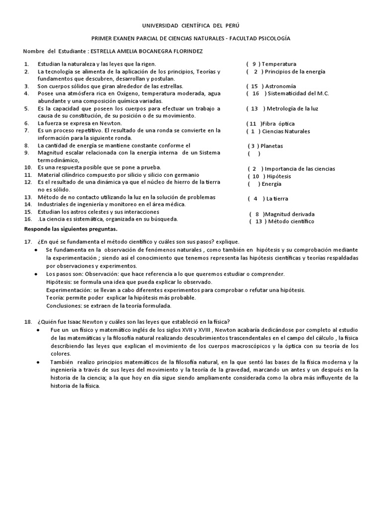 Examen Ciencias Naturales Psicología | PDF | Física | Método científico