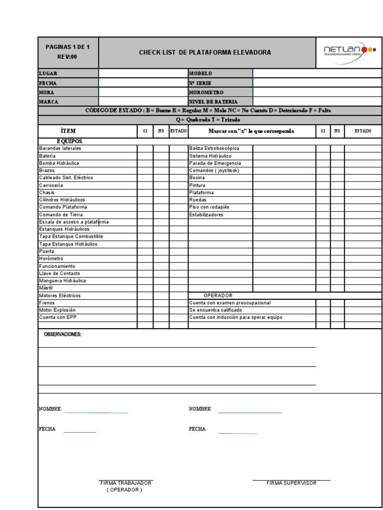Checklist de Plataforma Elevadora | PDF