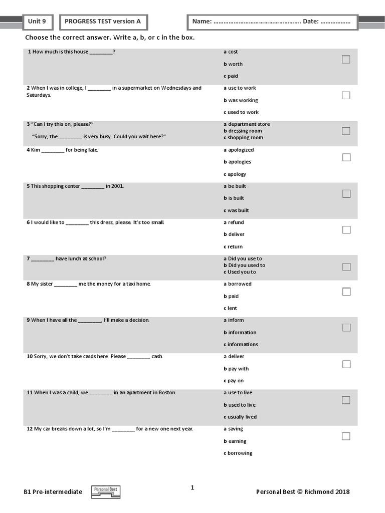 PB AmE B1 Unit Test U9 Version A | PDF | Trade | Economies