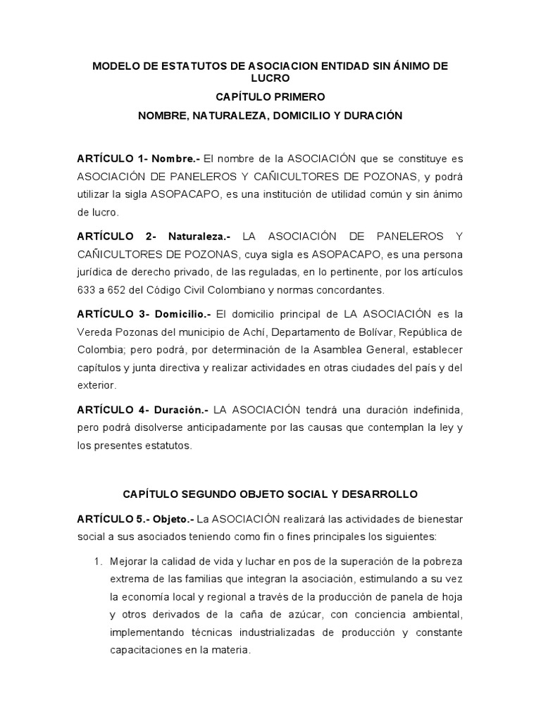 Modelo de Estatutos de Asociacion Entidad Sin Ánimo de Lucro | PDF ...