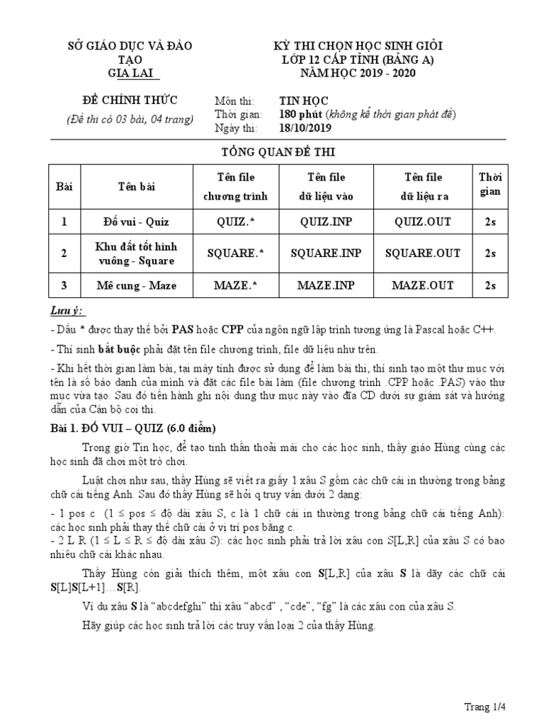 De Thi Chon HSG Cap Tinh Mon Tin Hoc 2019-2020 | PDF