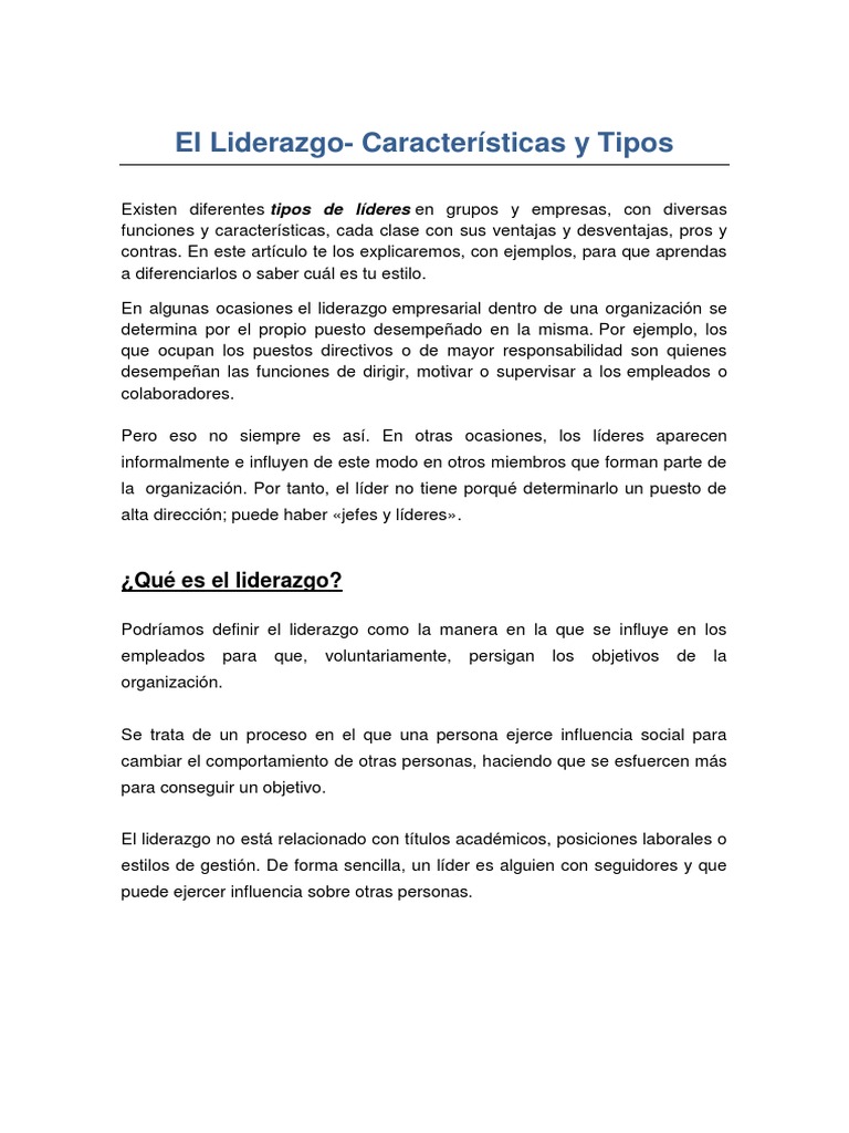 Liderazgo Caracteristicas y Tipos | Descargar gratis PDF | Liderazgo