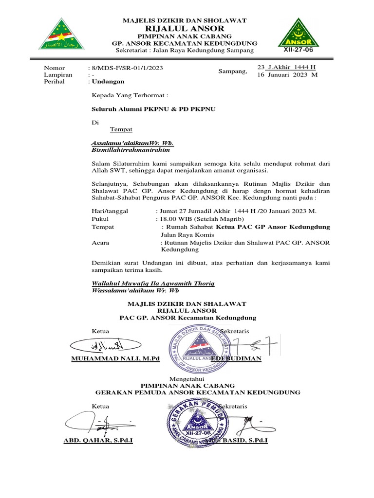 Undangan Rutinan Dzikir Pac Gp Ansor Kedungdung Pdf
