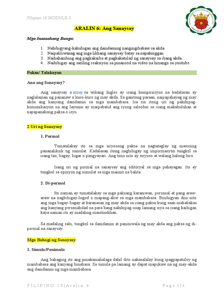 Filipino Aralin 6 | PDF