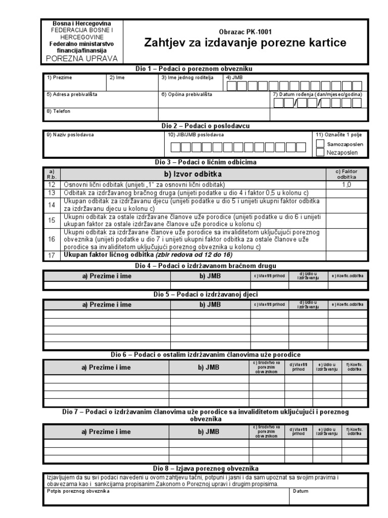 Zahtjev Za Izdavanje Porezne Kartice | PDF