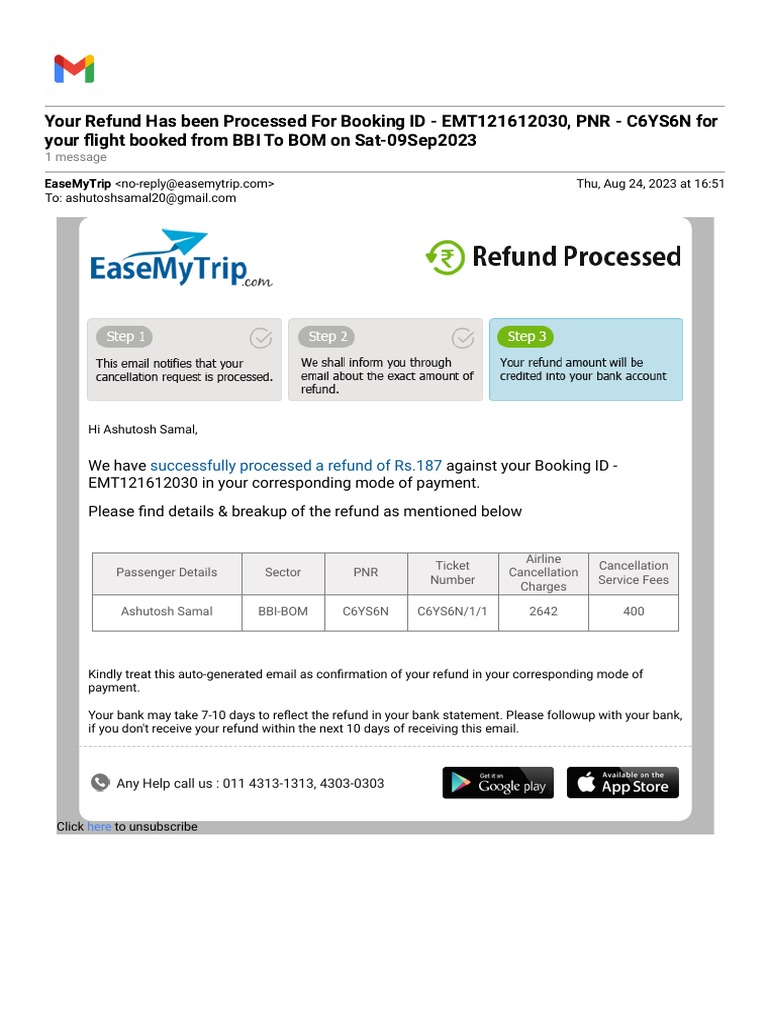 Refund Confirmation for Booking EMT121612030 | PDF