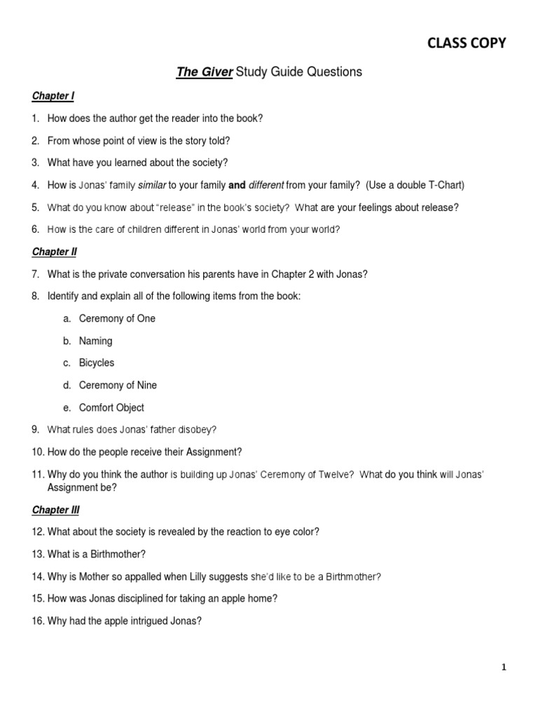 The Giver Study Guide Questions BEST | PDF | The Giver