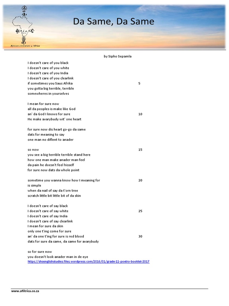 Da Same, Da Same: A Poem by Sipho Sepamla | PDF