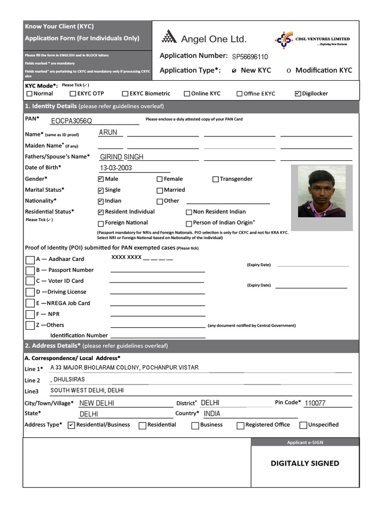Angel One LTD.: Applica On Number: Applica On Type : o New KYC o Modifica On KYC | PDF ...