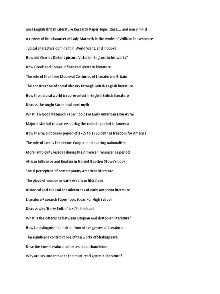 English British Literature Research Paper Topic Ideas | PDF