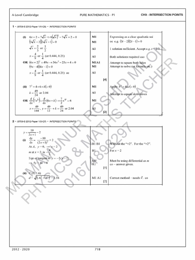 p1 Topical Question Paper On Intersection PointsQuadratics Mark Scheme ...