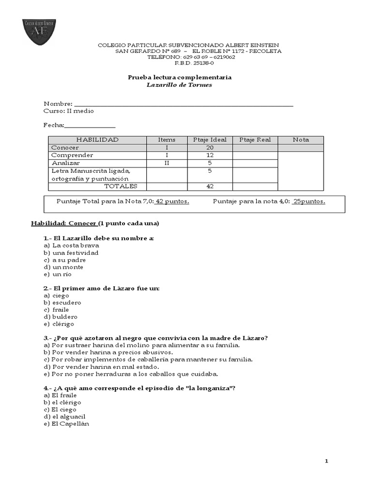 Prueba de Lectura: Lazarillo de Tormes | PDF