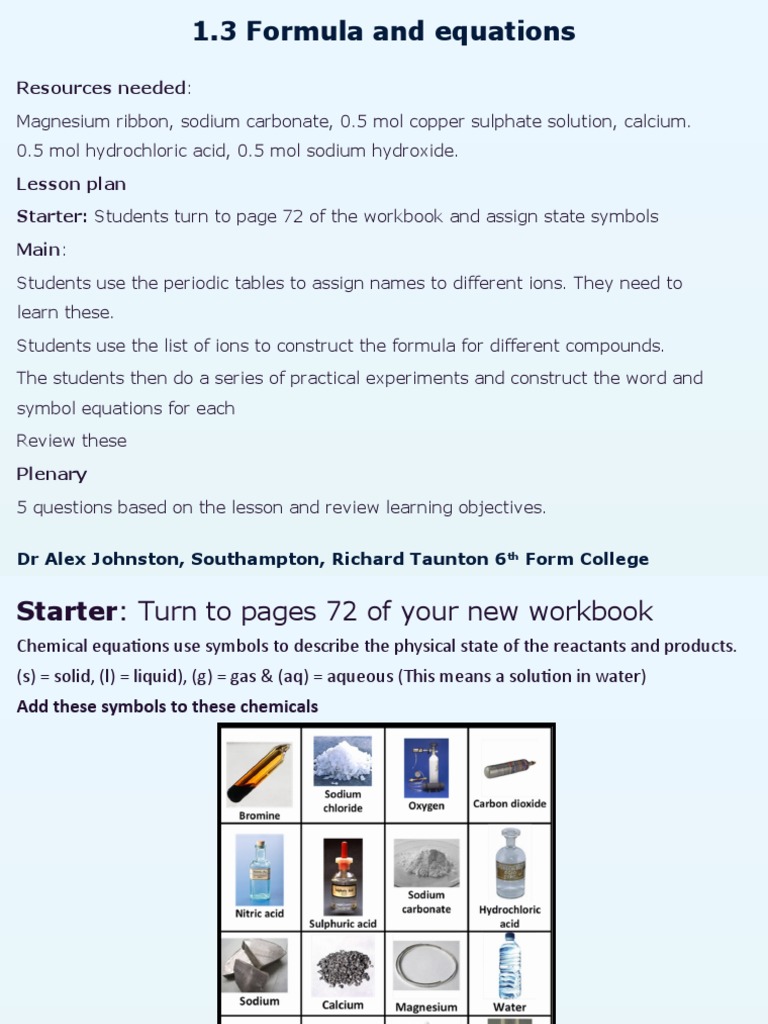 1.3 Formula and Equations | PDF | Hydroxide | Chemical Compounds