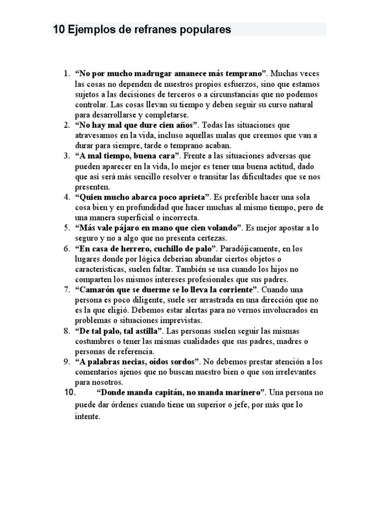 10 Refranes Populares y su Significado | PDF | Relaciones personales ...