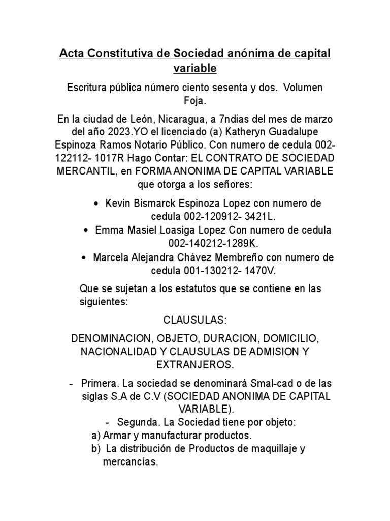 Acta Constitutiva de Sociedad Anónima de Capital Variable | PDF | Negocios económicos | Business