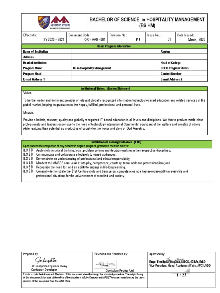 Curriculum For BSHM | PDF | Curriculum | Information