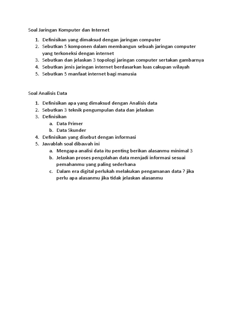 Soal Jaringan Komputer Dan Internet Dan Analisis Data Essay | PDF Soal Jaringan Komputer Dan Internet Dan Analisis Data Essay | PDF