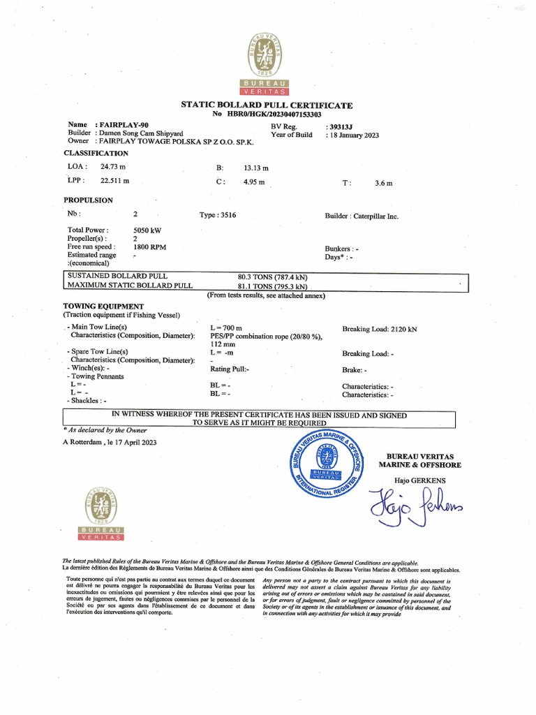 2023-04-17 FP-90 Static Bollard Pull Certificate | PDF