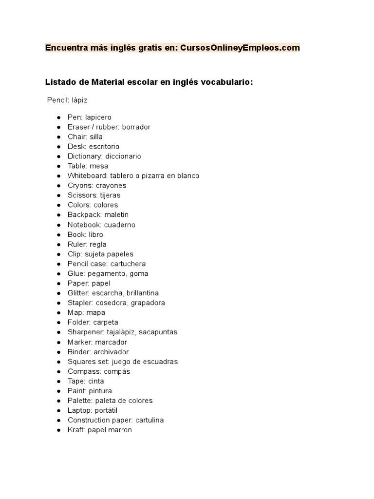 Material Escolar en Ingles Vocabulario | PDF