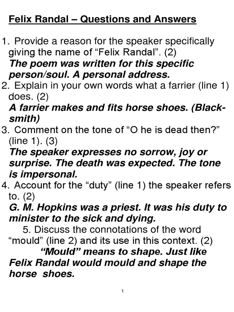 Felix Randal QA | PDF | Poetry