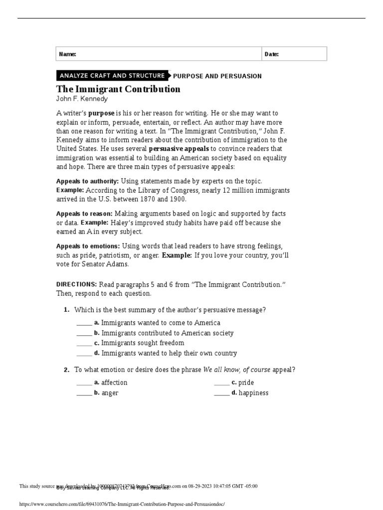 The Immigrant Contribution Purpose and Persuasion | PDF | Persuasion ...