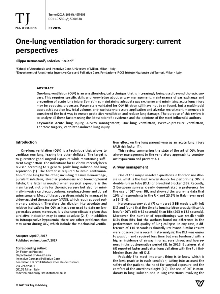 One Lung Ventilation For Thoracic Surgery | PDF | Lung | Hypoxia (Medical)