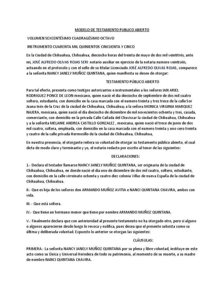 MODELO DE TESTAMENTO PUBLICO ABIERTO Mio | PDF | Herencia | Justicia