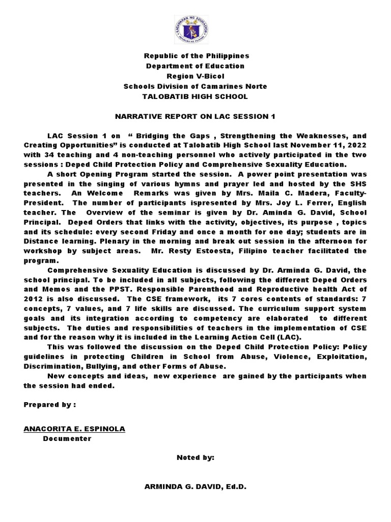 Narrative Report Lac 1a | PDF | Sex Education | Teachers