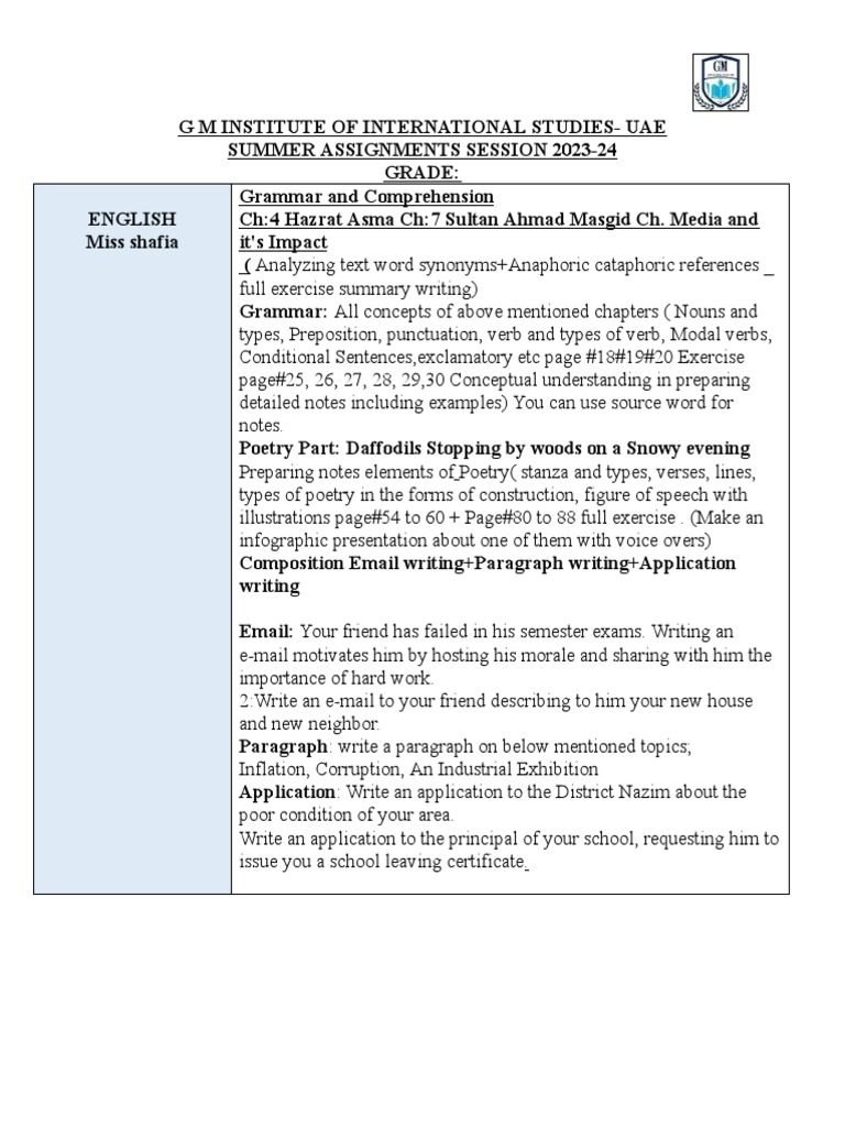 Grade 9 Summer Assignments | PDF