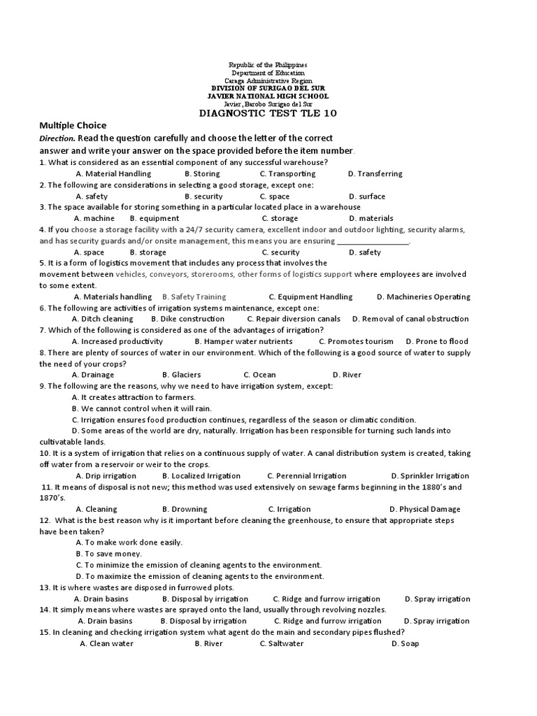 Diagnostic Grade 10 Tle | PDF | Irrigation | Hazards