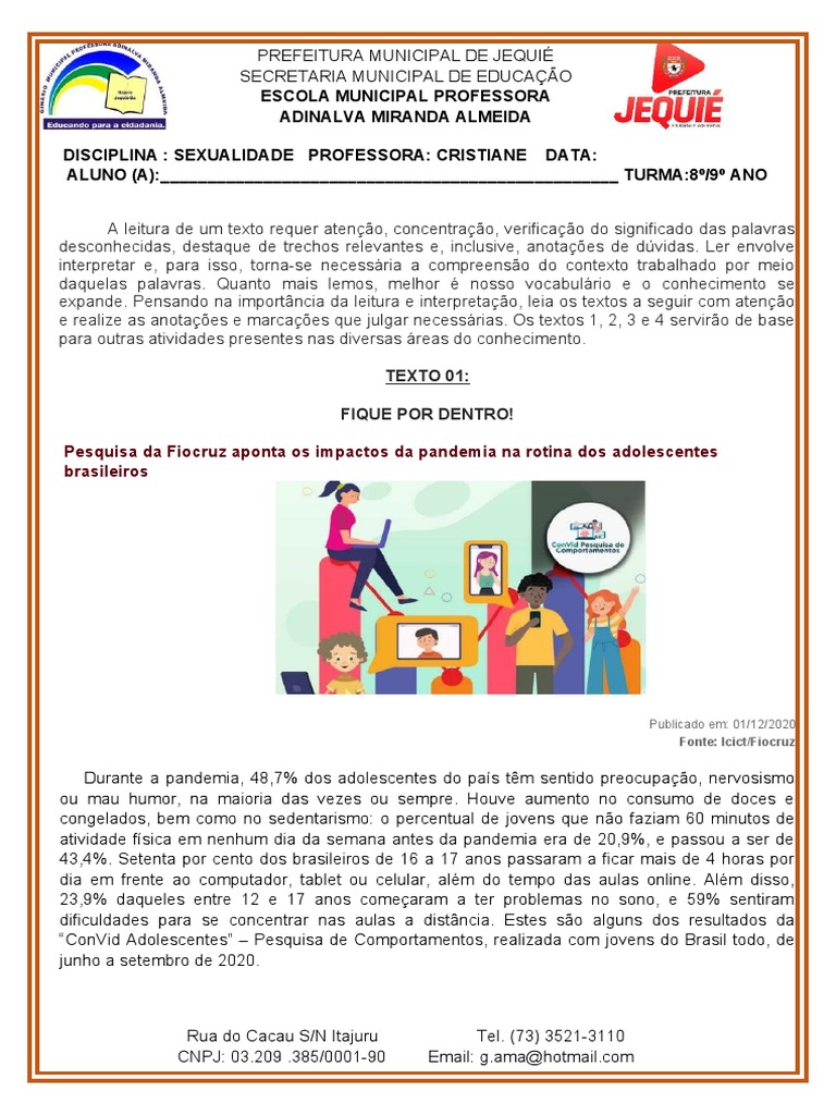 2 Atividade Sexualidade 8º e 9º Ano | PDF | Adolescência