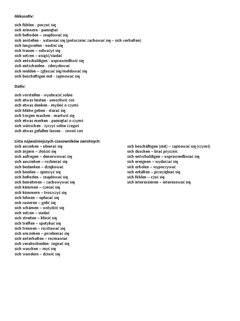 Czasowniki Zwrotne Lista | PDF