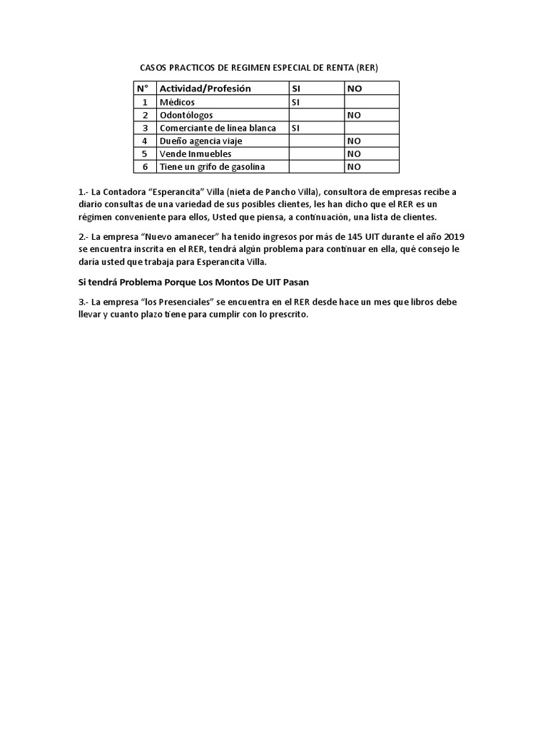 Casos Practicos de Regimen Especial de Renta SSSS | PDF