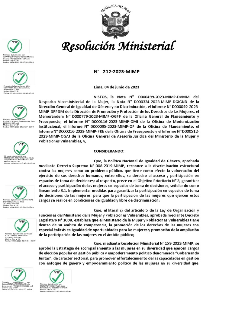 RM-212-2023-MIMP (Plan - GbNdo - JUNTAS) | PDF | Género y desarrollo | Ministerio (Departamento ...