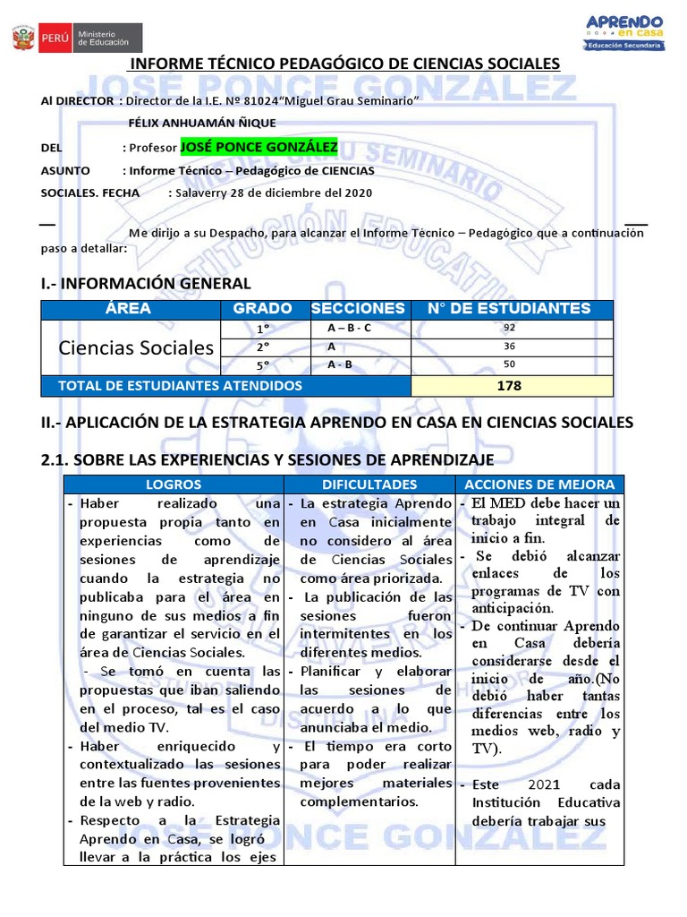 Informe Tecnico Pedagogico de Ciencias Sociales | PDF | Evaluación | Aprendizaje