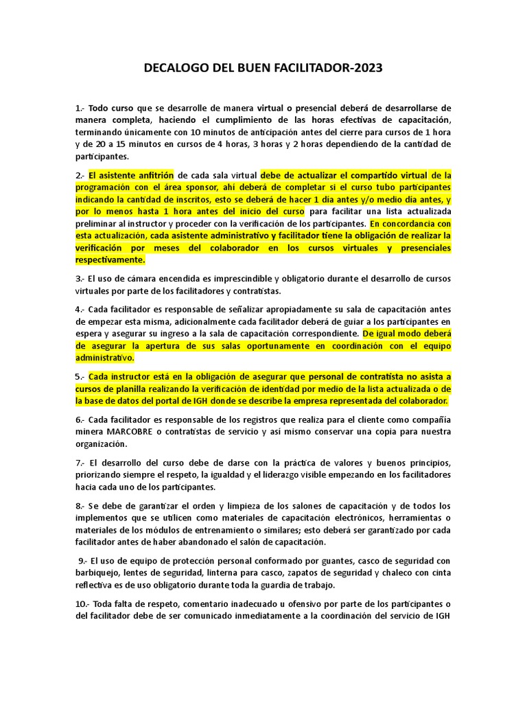 Decálogo del Buen Facilitador 2023 | PDF | Negocios