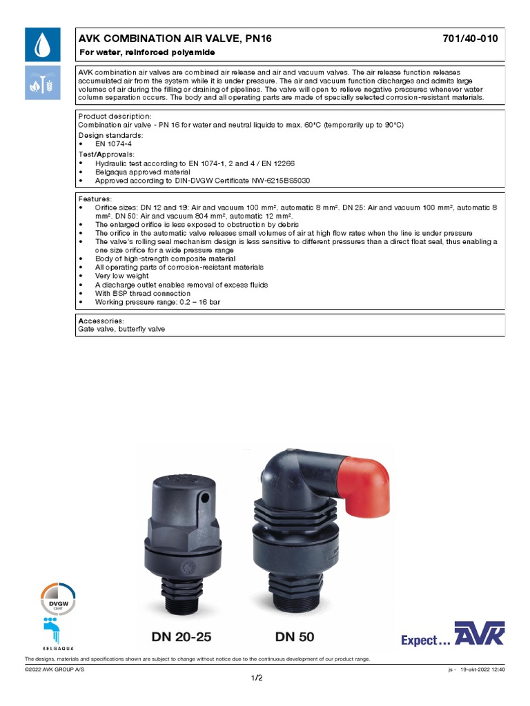 AVK Combination Air Valve Overview | PDF | Valve | Vacuum
